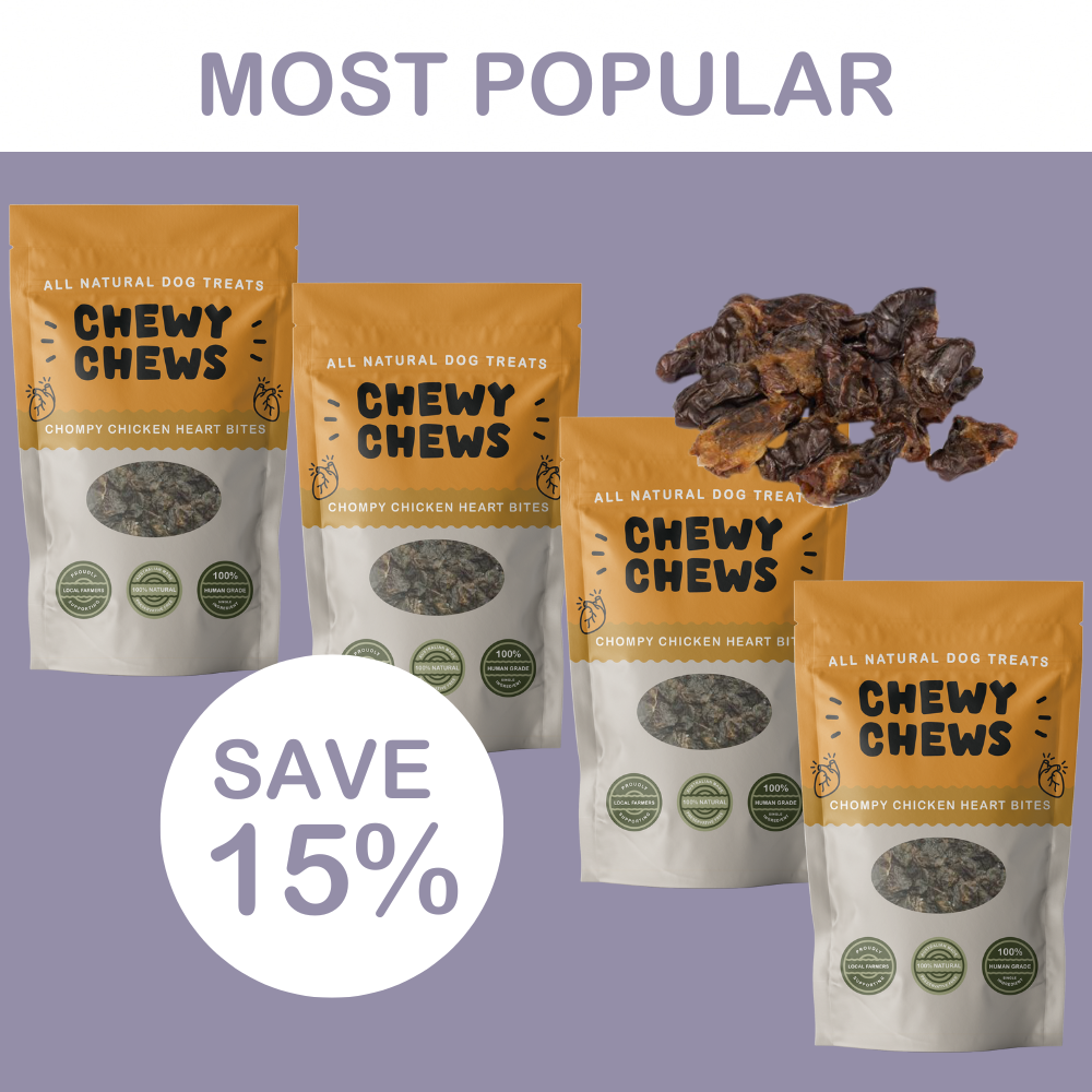 4x 100g Packs of Chompy Chicken Heart Bites – Chewy Chews