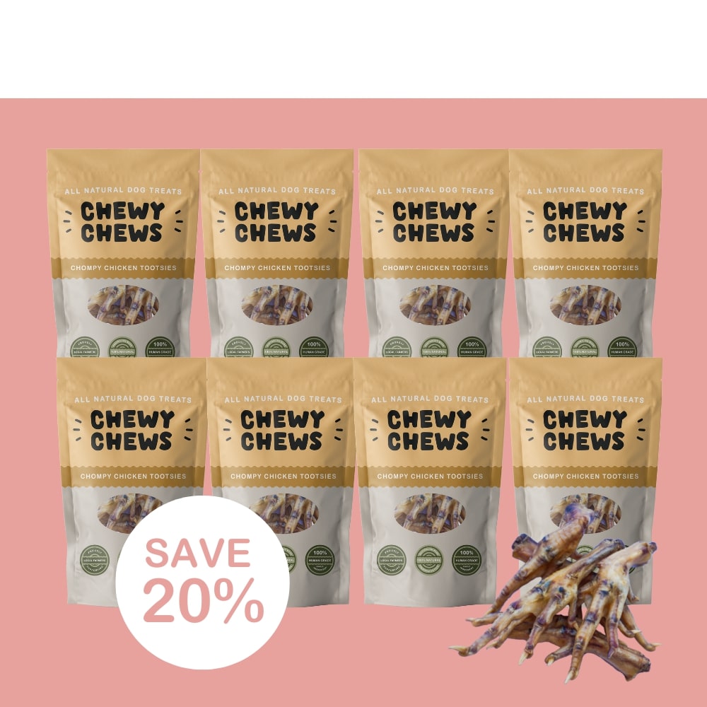 8x 100g Packs of Chompy Chicken Tootsies – Chewy Chews