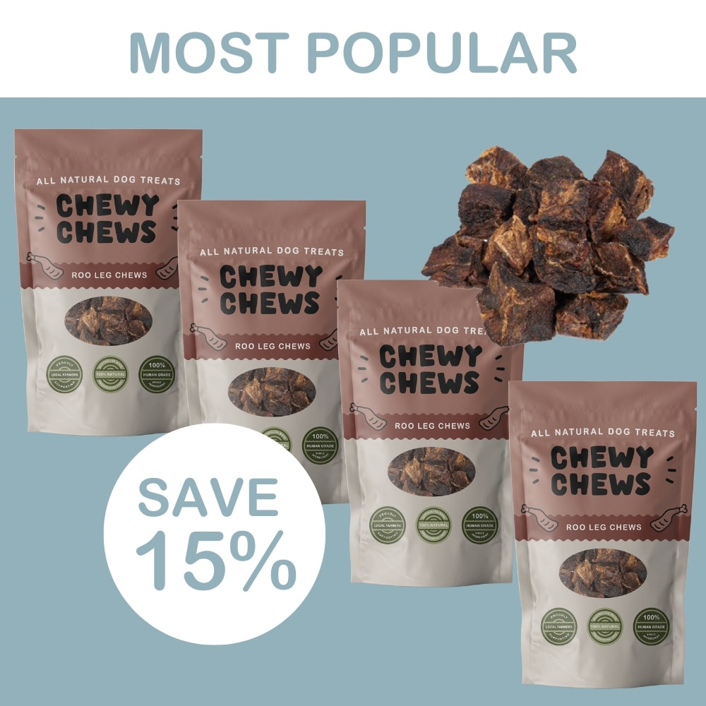 4x 100g Packs of Roo Leg Chews – Chewy Chews