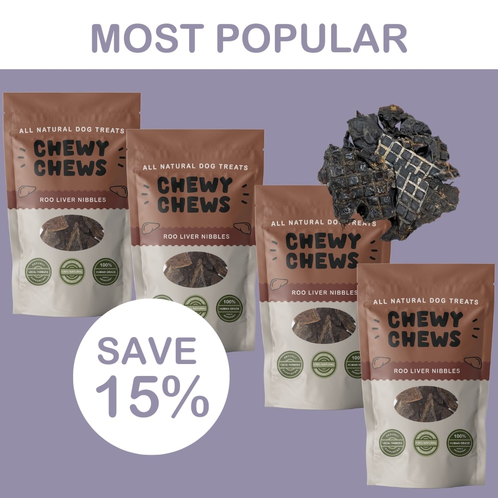 4x 100g Packs of Roo Liver Nibbles – Chewy Chews